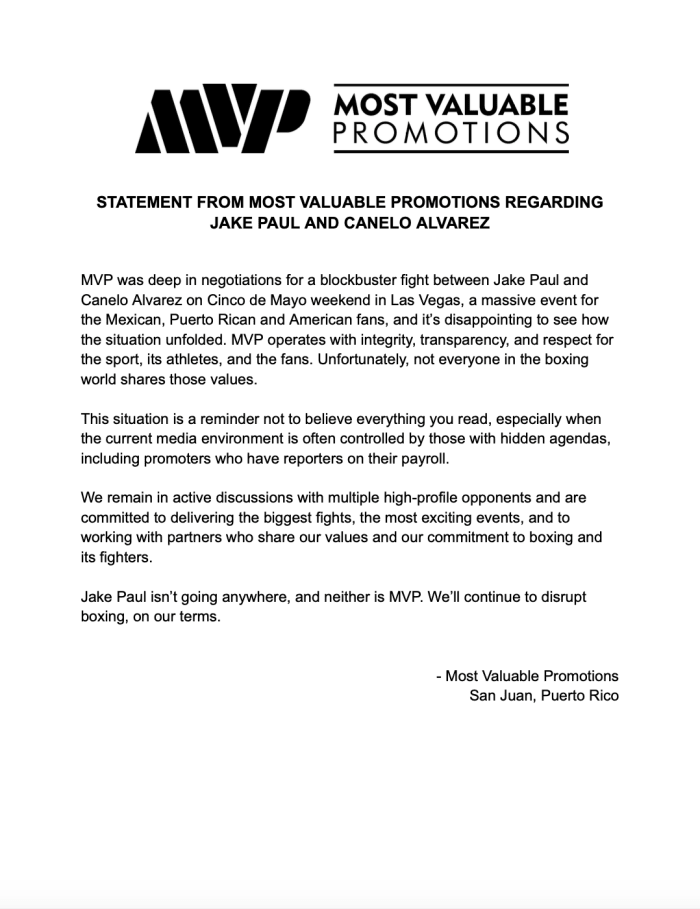 Most Valuable Promotions release statement amid Jake Paul vs. Canelo ...